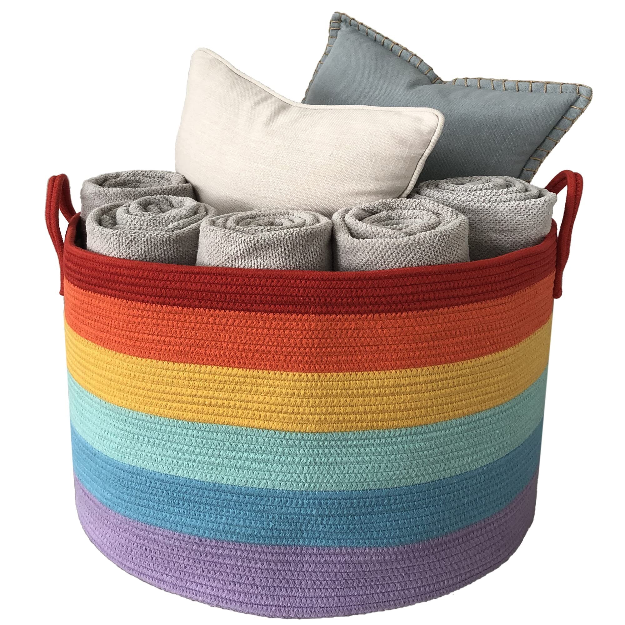 À Mes Petits 22"x16" Rainbow Rope Basket with Lid, Extra Large Rope Basket, Rainbow Basket, Cotton Rope Basket with Lid, Rainbow Decor, Rainbow Classroom Décor, Rainbow Storage