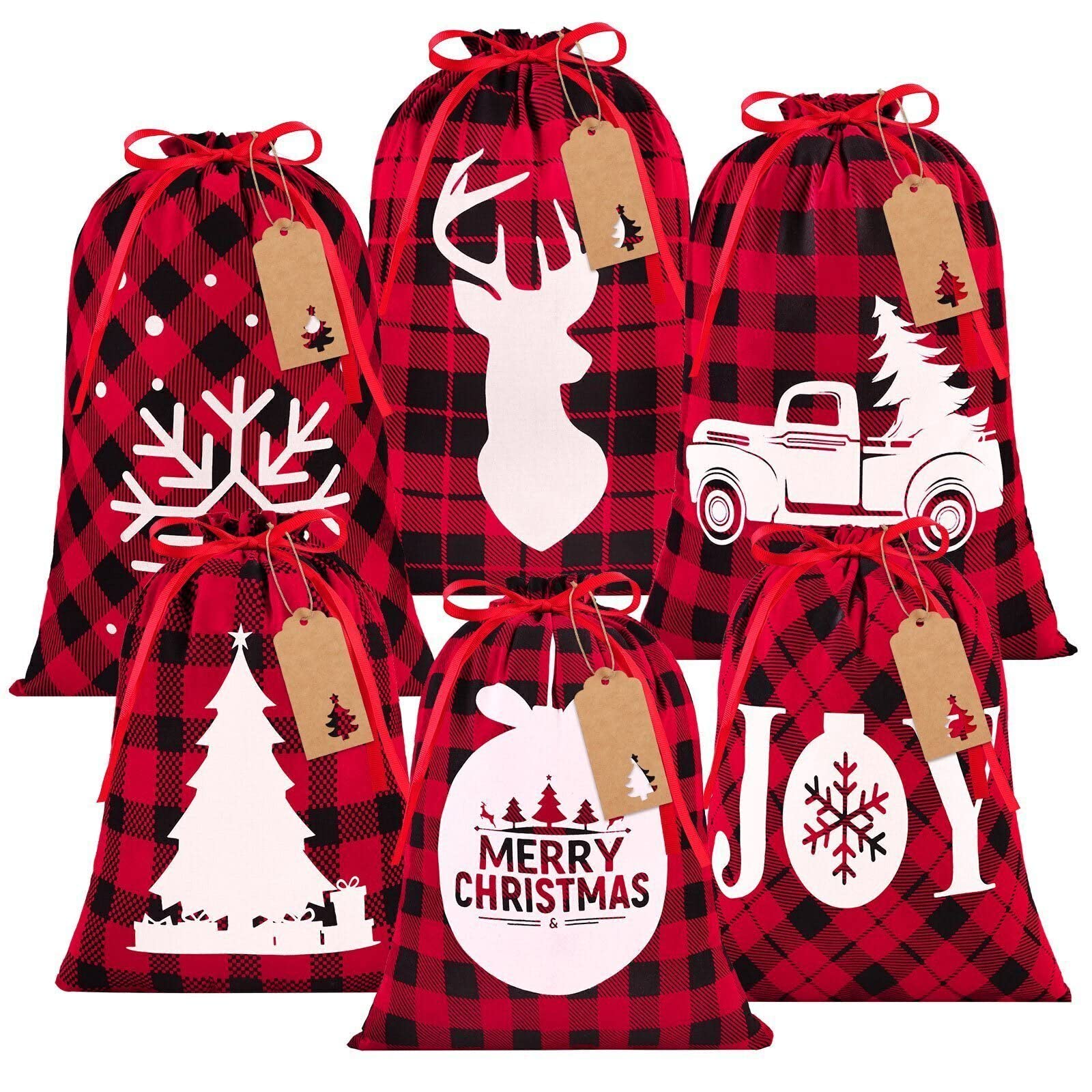 Aneco 6 Packs Christmas Buffalo Plaid Drawstring Bags Red and Black Plaid Gift Bag Cotton Xmas Buffalo Plaid Present Bags with 24 Tags Rope for Christmas Gift Wrapping, Assorted Sizes