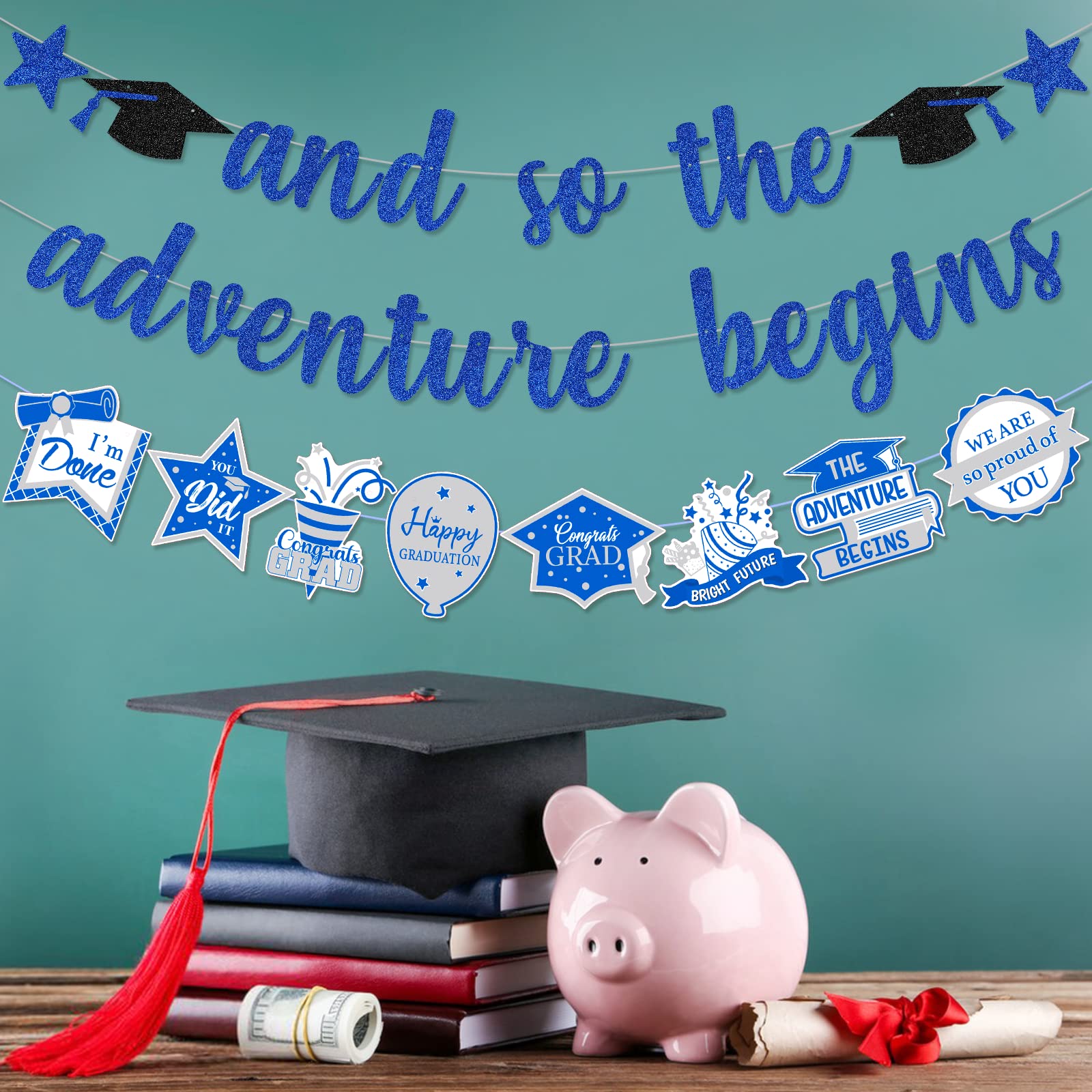 Blue and White And So The Adventure Begins Banner Blue and White Graduation Party Decorations 2024 Blue Graduation Decorations Class of 2024 Graduation Party Decorations 2024 Blue