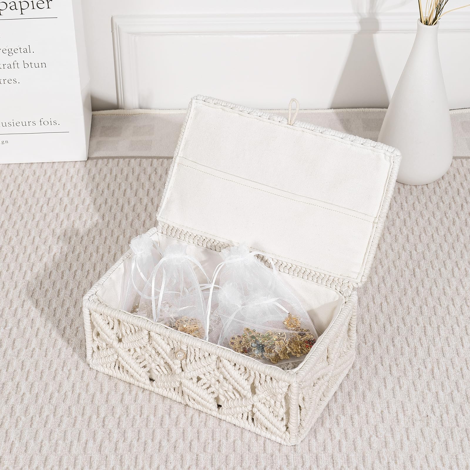 ANMINY Macrame Storage Basket with Lid & 25Pcs Organza Gift Bags Bohemian Jewelry Box Handmade Woven Natural Cotton Rope Lidded Bin Decorative Desktop Organizer Countertop Tank Shelf Cabinet Container