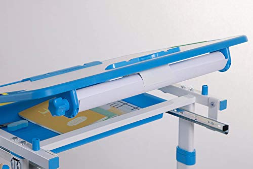 Kids Desk and Chair Set, Functional Children Desk Study Table, Tilted Table Height-Adjustable Desk and Chair Combination with LED Light, Storage Drawers for Boys and Girls, Blue