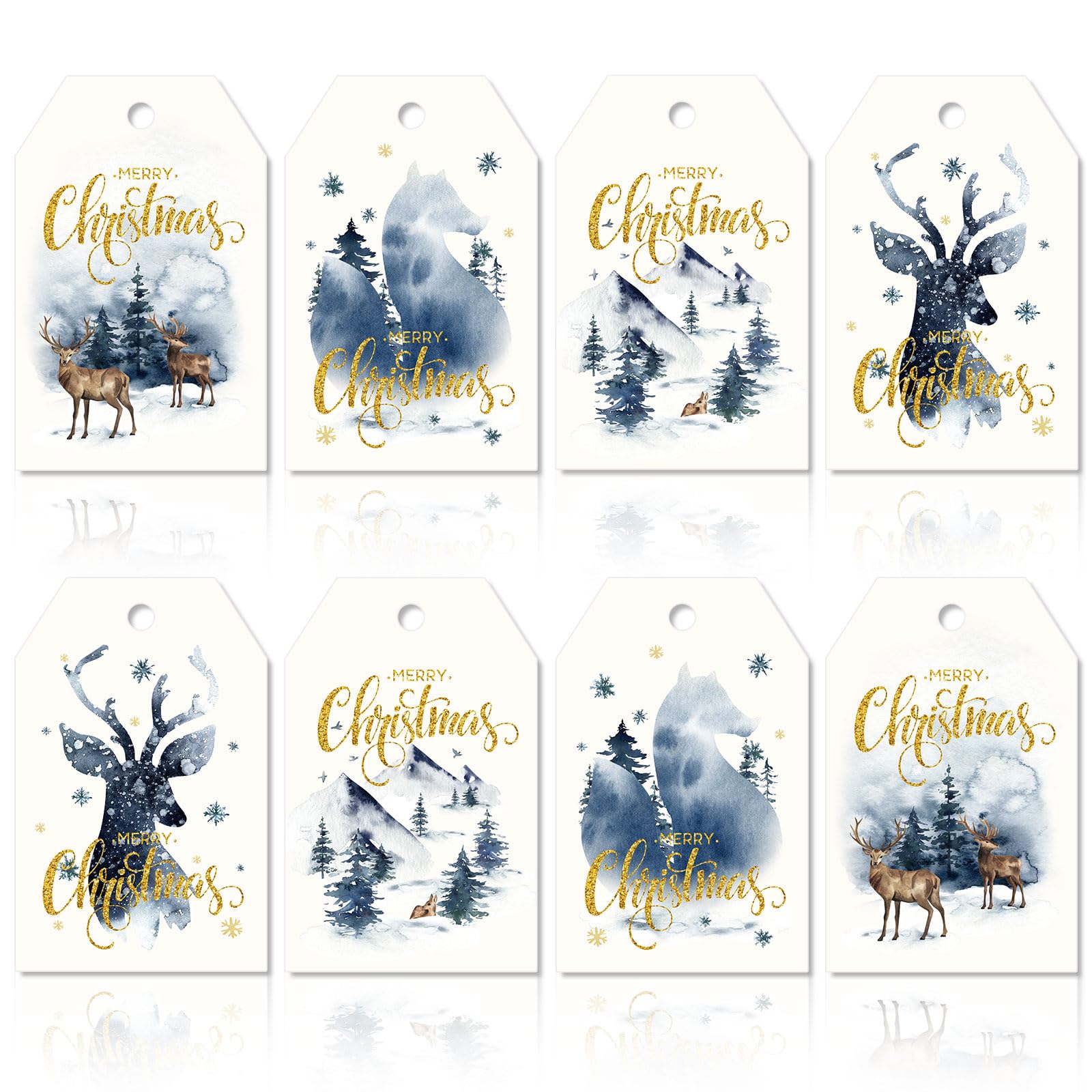 AnyDesign 120Pcs Christmas Paper Gift Tags Blue Watercolor Merry Christmas Tree Elk Hanging Labels with Hemp Ropes 4 Designs Winter Hanging Paper Tags for Xmas Art Craft Holiday Present Party Supplies