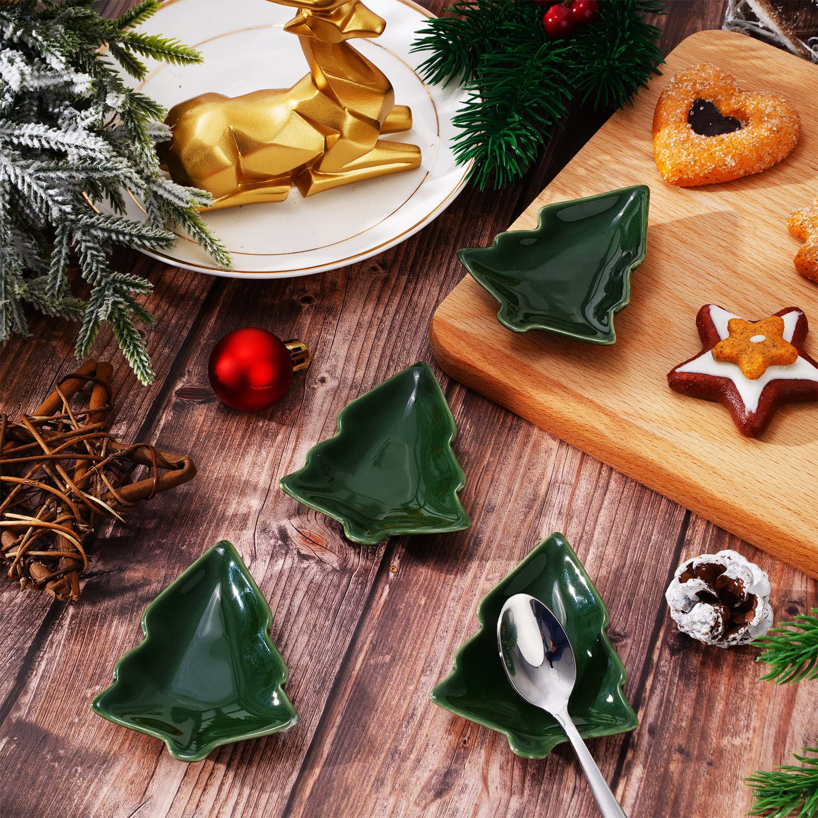 Whaline 4Pcs Christmas Coffee Spoon Rest Ceramic Teaspoon Holder mas Tree Shaped Sauce Dishes Seasoning Dipping Bowl Christmas Ring Dish for Xmas Kitchen Office Party Decor