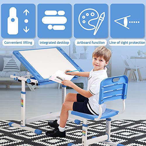 Kids Desk and Chair Set Adjustable Height Ergonomic Children's Table with Storage Drawer Kids Study Homework Desk Table for 3-15 Kids (Blue)
