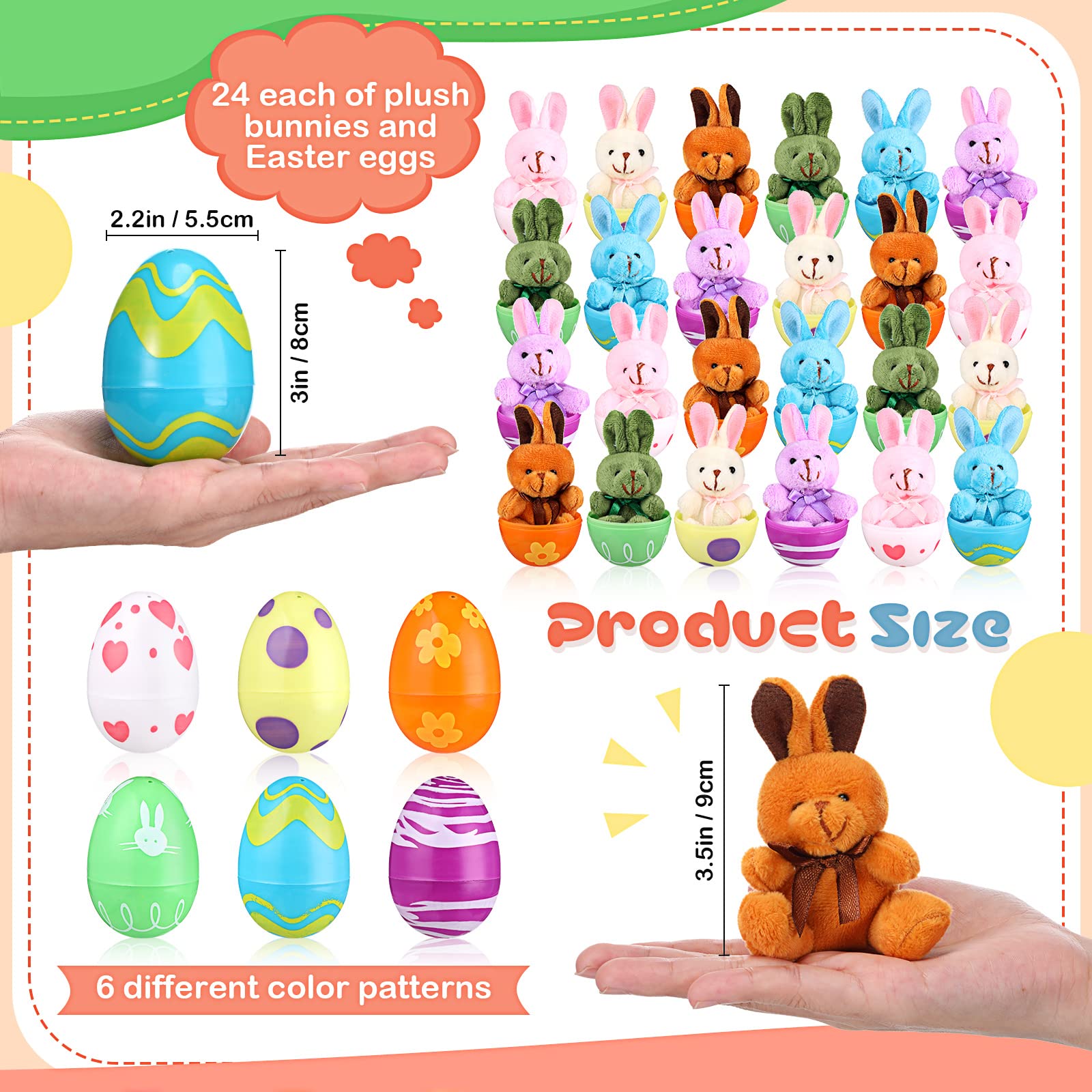 Sumind 48 Pieces Easter Eggs DIY Prefilled with Plush Animals, 3 Inch Plastic Easter Eggs with Stuffed Animals for Easter Party Hunt Game Basket Surprise Bunny Animal Toys(Bunny)