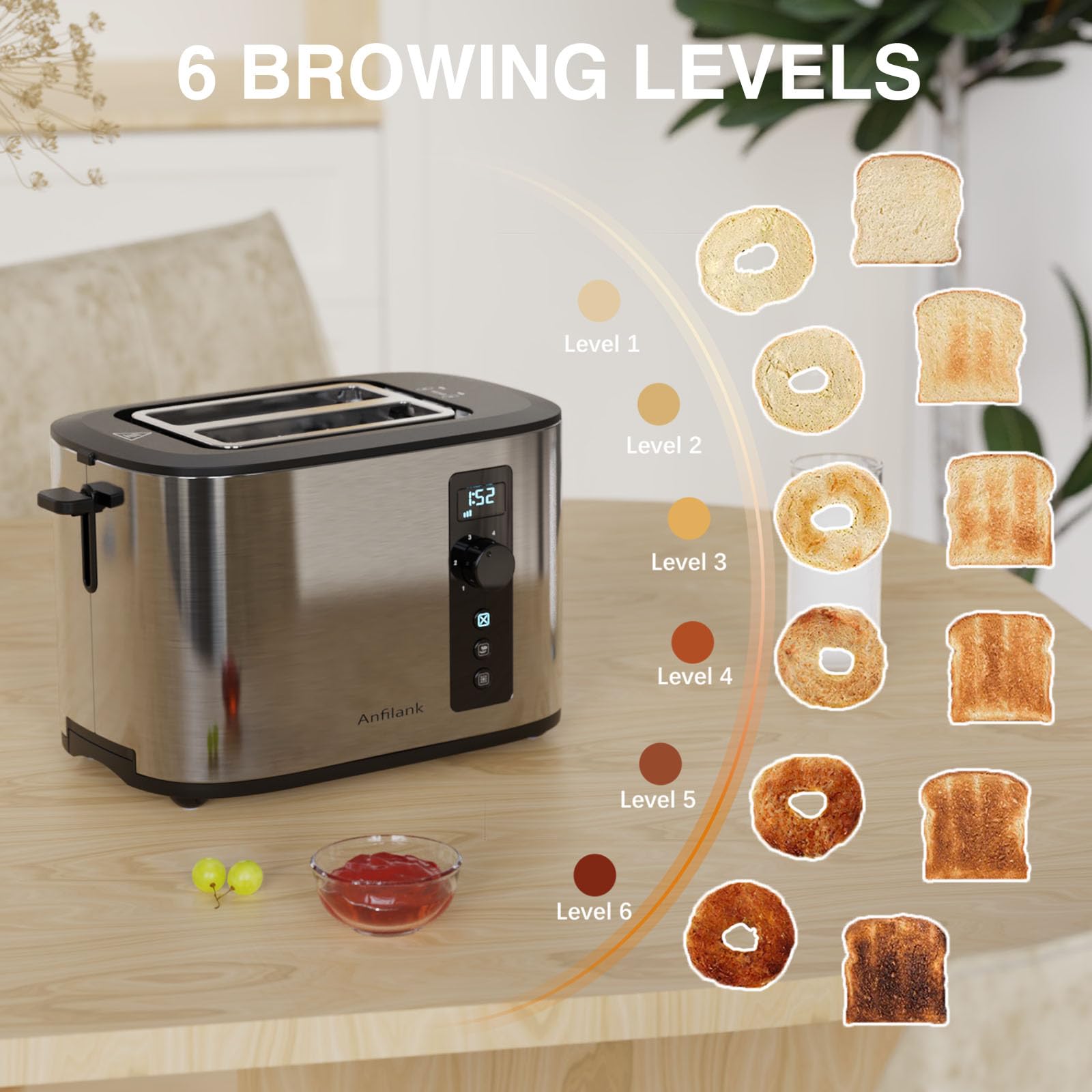 Anfilank Extra Wide Slot 2-Slice Toaster with Digital Countdown Timer, Stainless Steel, 6 Browning Settings, Built-in Warming Rack, Cancel/Bagel/Defrost Functions