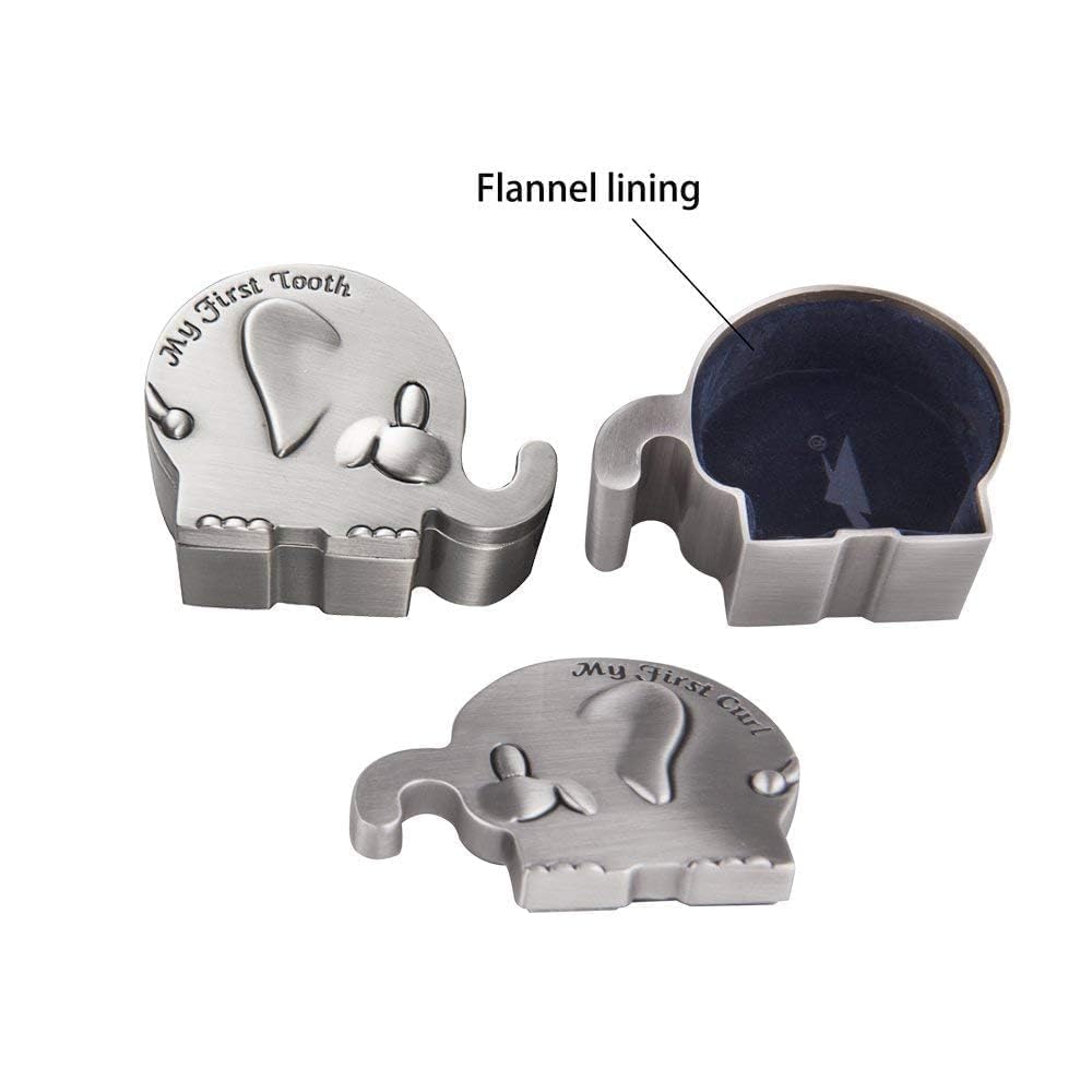 Feyarl Kids First Curl and Teeth Fairy Holder Containter Keepsake Box Tins Keeper for Christening Newborn Shower Kids Birthday Gift Metallic Engraved Elephant Shape (2.4 x 1.6 x 1.2 inches)