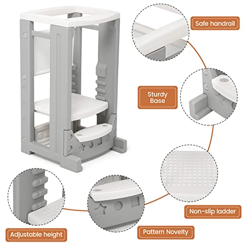 Kids Kitchen Step Stool with Whiteboard, Toddler Tower with 4 Adjustable Heights & Safety Rail, Learning Tower Toddler Step Stool Helper for Bathroom Sink Kitchen Counter, 1-6 Year Old Boy Girl Child