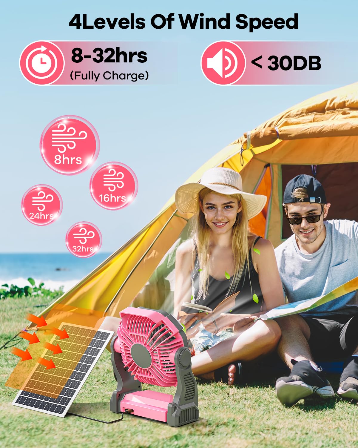 Art In Real 10400mAh Solar Powered Fan, Portable Solar Fan with LED Lantern, Camping Fan with 7W Solar Panel, Stepless Speed Battery Powered Fan for Travel, Camping,Office,Outdoor&Indoor(Pink)