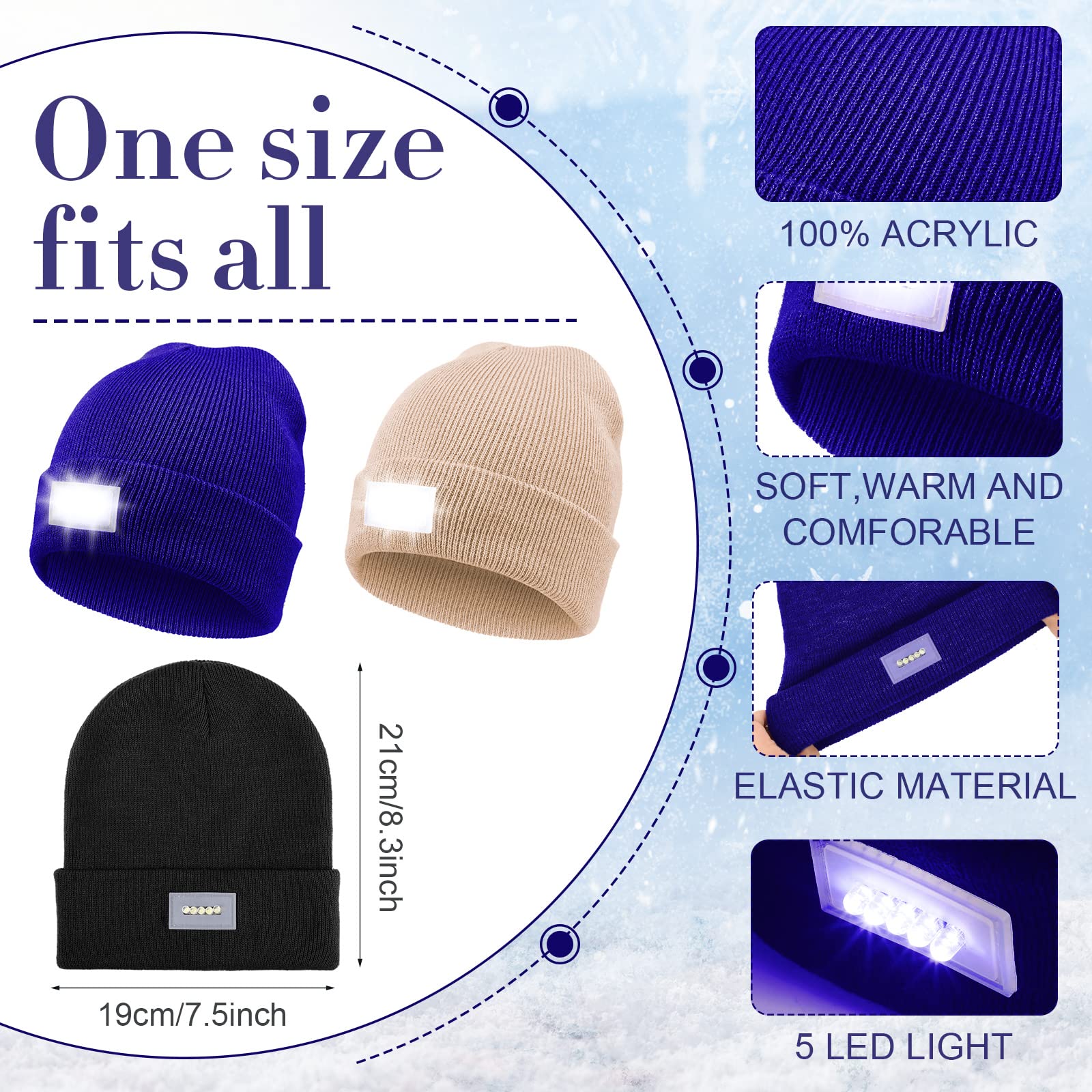 6 Sets LED Lighted Beanie Hat and Winter Gloves Set Beanie Hat with Light Touch Screen Knit Gloves 5 LED Hat Headlamp (Dark Color)
