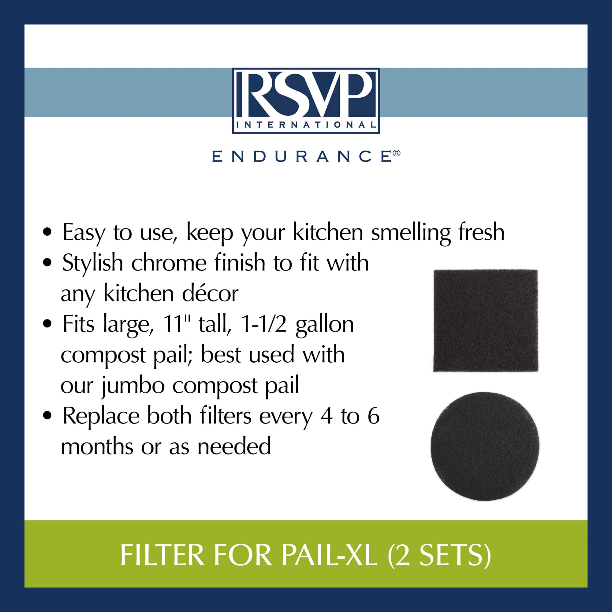 RSVP International Charcoal Compost Bin Filter 2-Piece Set Helps Keep Kitchen Smelling Fresh, Replacement - 1/2 Gallon Bin/Pail