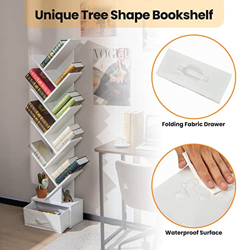 Giantex Tree Bookshelf with Drawer, 10 Shelf Space Saving White Wooden Bookcase, Freestanding Retro Wood Storage Rack, Decorative Bookshelf with Storage