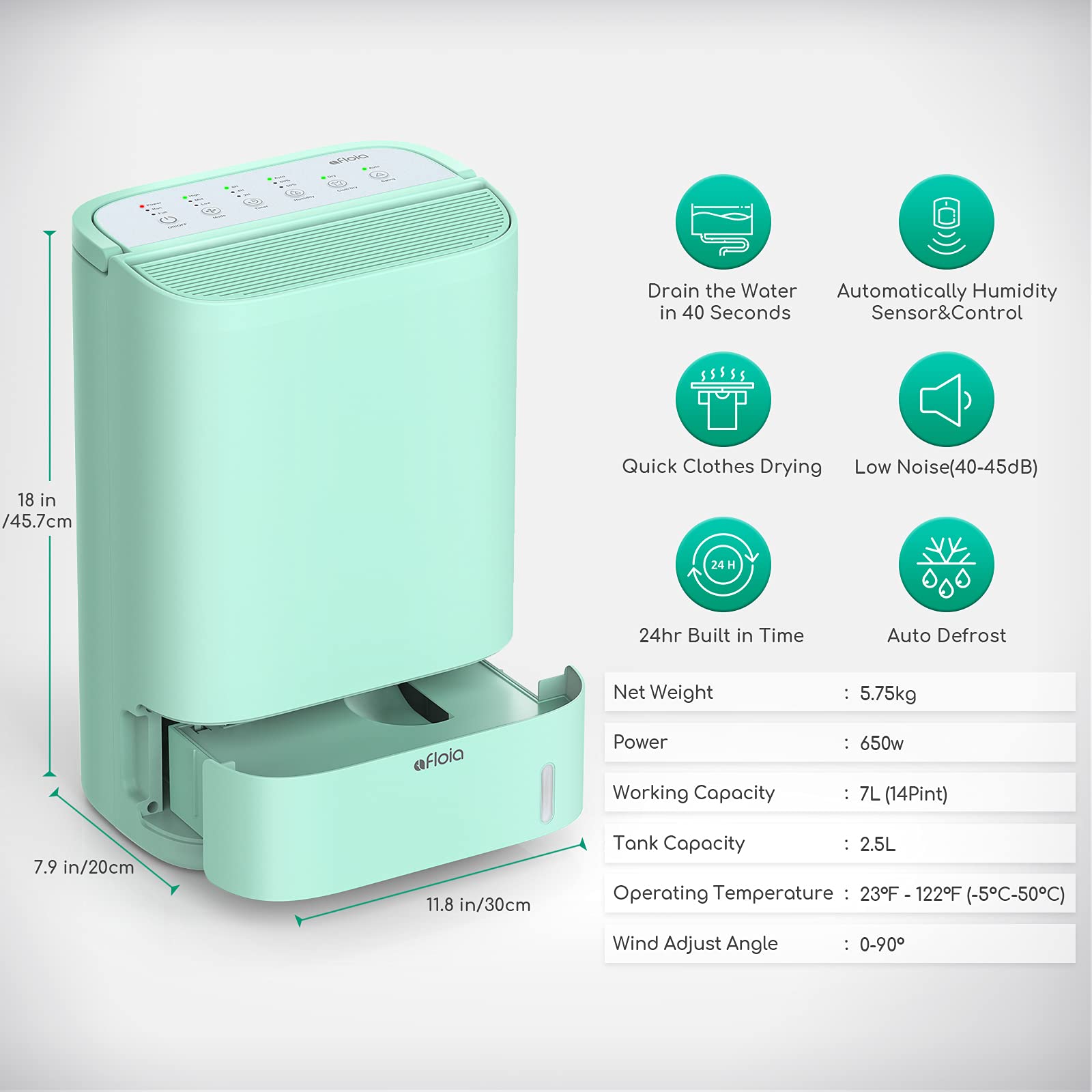 Afloia X3 Dehumidifier for Medium/Large Rooms and Basements, Washable Filter & Continuous Drain Hose, Quiet & Efficient Intelligent Humidity Control - Green
