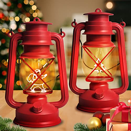 Christmas Decorations Vintage Lantern LED Outdoor Hanging Lantern Red Indoor Decor Lamp Santa Claus Christmas Tree Garden Dining Light Battery Powered Camping Retro Lanterns 2 Pack