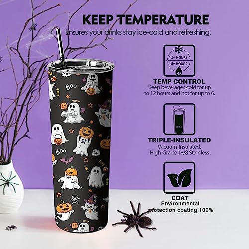 Ceovfoi Halloween Tumbler with Lid and Straw Ghost Boo Witch Ghost Pumpkin Coffee Travel Mug Cup,Witch Goth Decor Halloween Gifts For Women