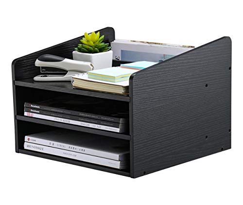 PAG Wood Desktop File Organizer Mail Sorter Magazine Rack Paper Holder Telephone Stand with Adjustable Drawer, Black