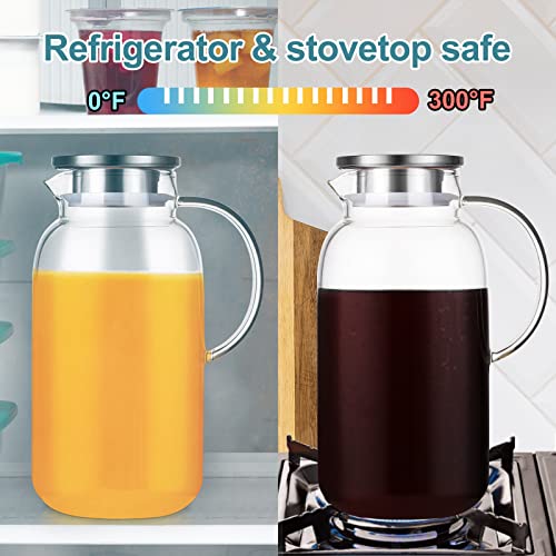 Glass Pitcher - Water Pitcher - Fridge Glass Pitcher with Lid Ice Tea Maker - 86OZ 18/8 Stainless Steel - Easy Clean Heat Resistant Borosilicate Glass Jug for Juice,Milk, Cold or Hot Beveragesā¦