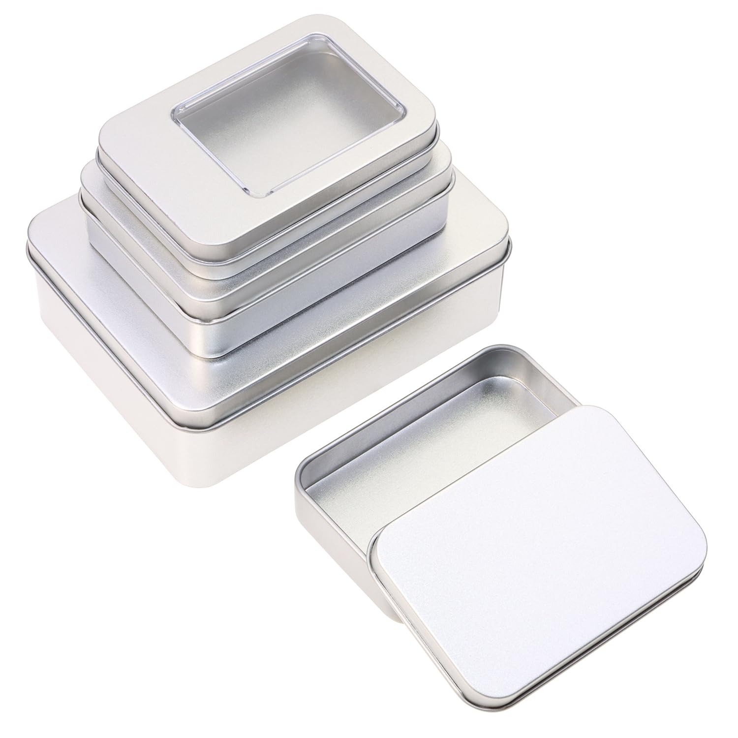 Tupalizy 4PCS Small Storage Containers Metal Tin Box with Lids for Organizing Candy Beads Paper Clips Nuts Bolts Craft Projects Candles Gifts Balms Keys Clear Rectangular Case Organizer Kits, 4 Styles