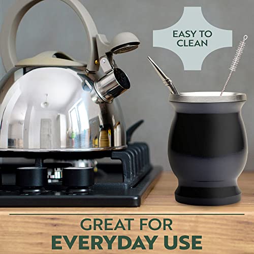 UPGRADED Yerba Mate Natural Gourd/Tea Cup Set (Original Traditional Mate Cup - 8 Ounces) | Includes 2 Bombillas (Yerba Mate Straws to Use) & Cleaning Brush | Stainless Steel | Double-Walled
