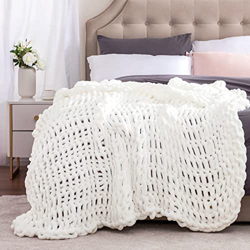 Angelhood Chunky Knit Blanket Soft Chenille Throw Blanket Handmade Knitted Yarn Blanket for Couch Bed Sofa Home Decor Gift