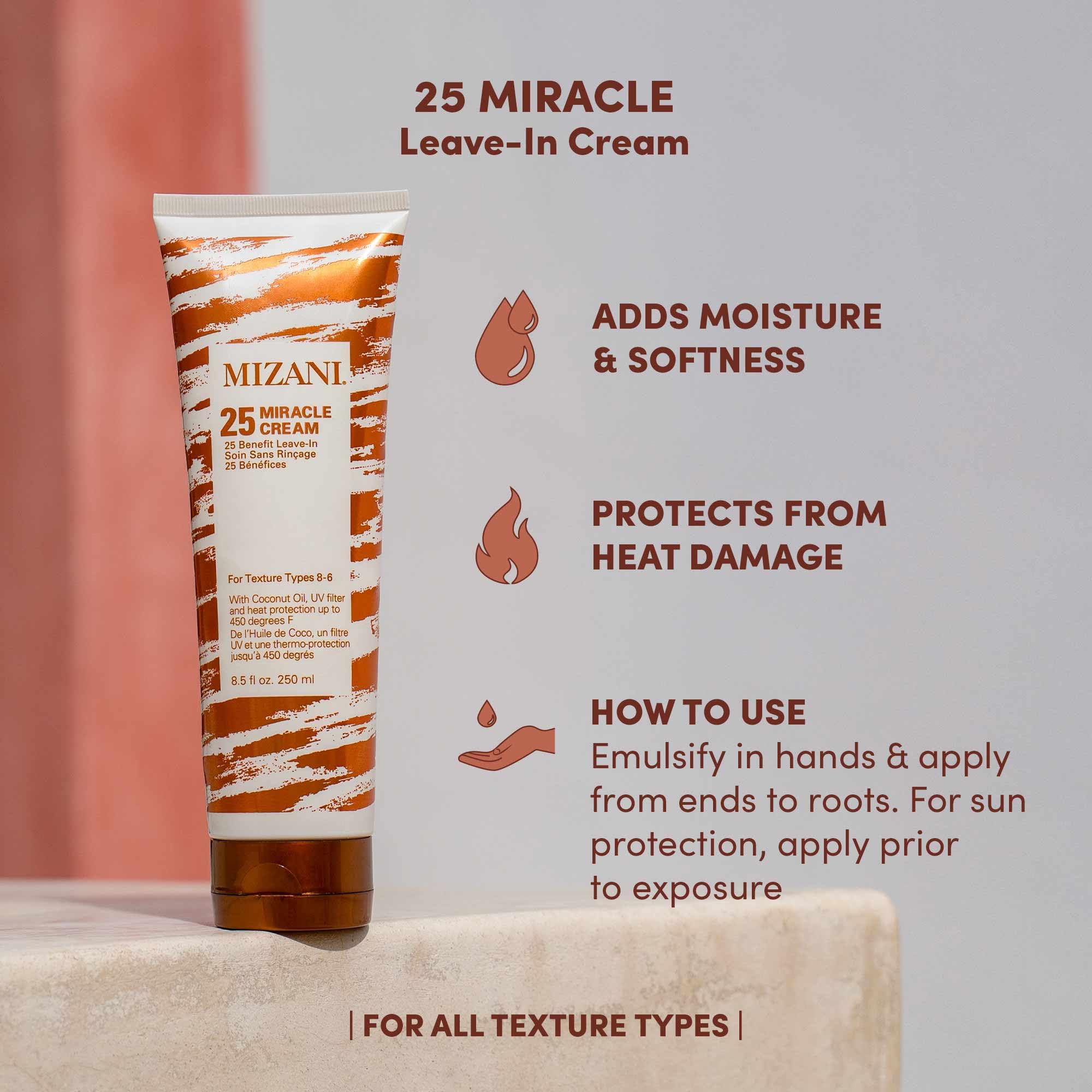 Mizani 25 Miracle Leave-In Cream | Adds Lightweight Moisture & Touchable Softness | Heat Protectant Treatment | With Coconut Oil | For Curly Hair | 8.5 Fl. Oz.