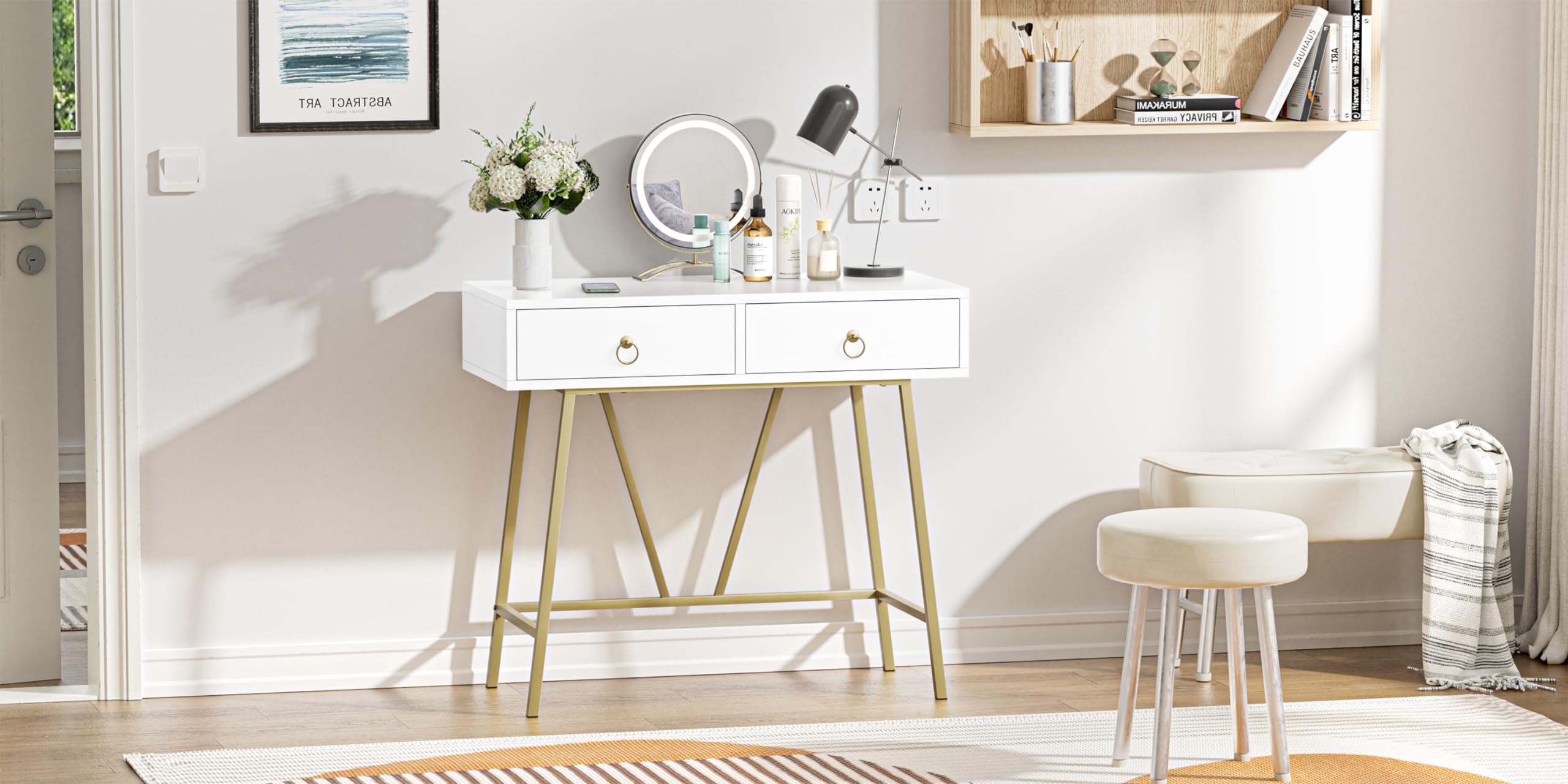 Anmytek Home Office Desk Black Writing Desk with 2 Drawers Modern & Simple Makeup Vanity Study Table Small Computer Desk, D0007