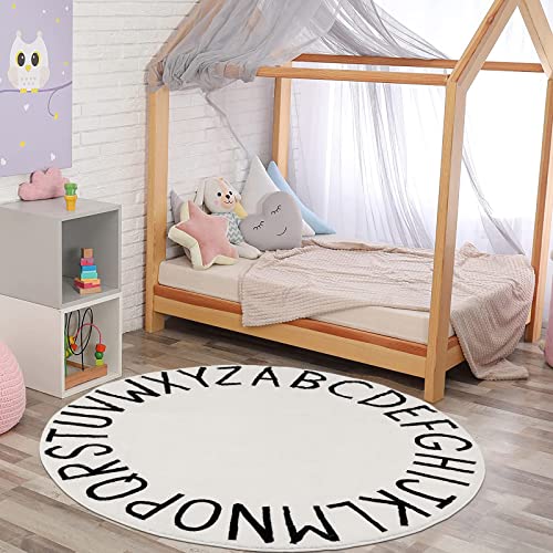 HEBE 4ft Round Kids ABC Rug Alphabet Nursery Rug for Bedroom Playroom Non Slip Educational Playmat Round Circle Carpet for Classroom Infant Toddlers,Milk White