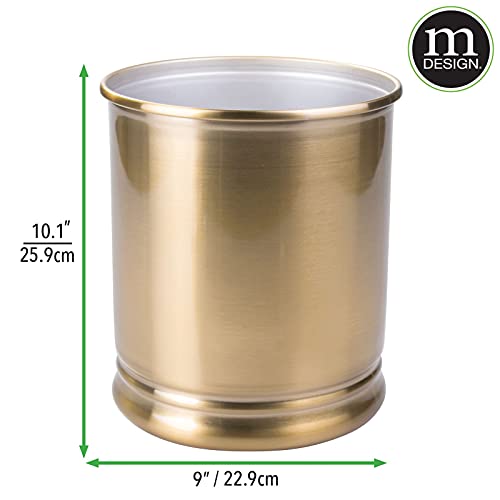 mDesign Steel Stylish Round Trash Can, Wastebasket Storage Container Bin - for Bathroom, Bedroom, Powder Room, Kitchen, Home Office - Holds Garbage, Waste, Trash - 2 Pack - Soft Brass