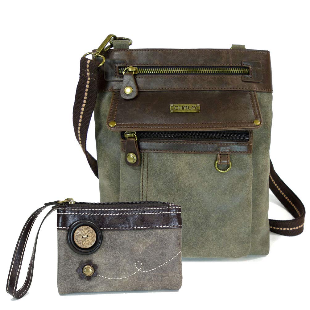 CHALA GEMINI Crossbody Faux Leather Gift Messenger Bag with Double Zip Wallet (Dark Grey Handbag Only + Wallet Set)