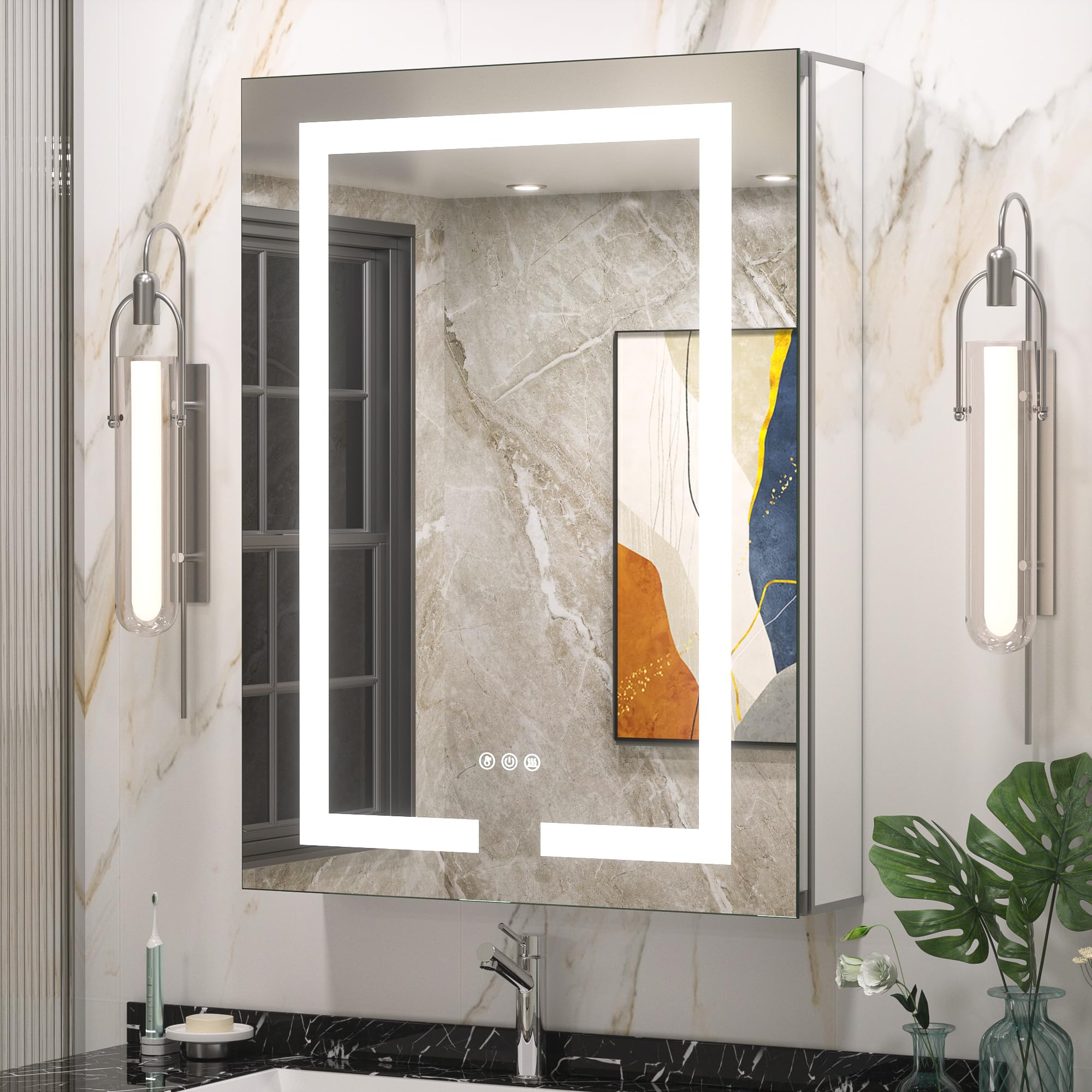 Keonjinn 24 x 32 LED Medicine Cabinet for Bathroom with Light Adjustable Shelves Electrical Outlet Dimmable Defogging 3 Color Light Tempered Glass LED Vanity Mirror with Storage Recessed/Surface Mount