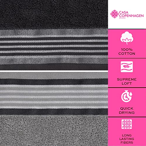 CASA COPENHAGEN Designed in Denmark 550 GSM 2 Large Bath Towels 2 Large Hand Towels 2 Washcloths, Super Soft Egyptian Cotton 6 Towels Set for Bathroom, Kitchen & Shower - Granite Grey & Mirage Grey
