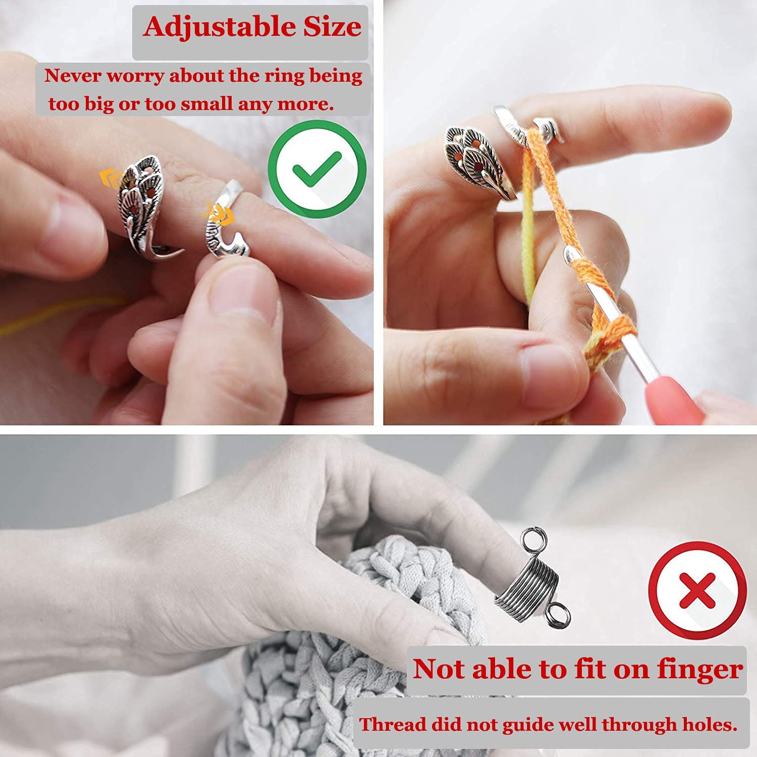 6 Pcs Adjustable Knitting Loop Crochet Loop Knitting Accessories, Hand-Made Silver-Plated Copper Rings, Faster Crocheting, Advanced Peacock Ring, Yarn Guide Finger Holder Knitting Thimble