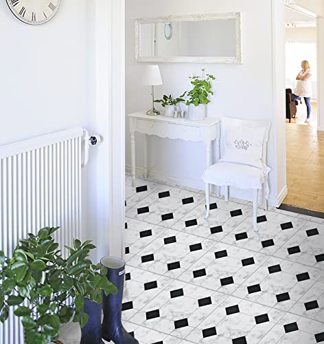 CiCiwind Peel and Stick Floor Tiles 12 PCS-12" x 12" Self Adhesive Black & White Marble Lattic Pattern Floor Tiles for Bathrooms,Kitchen,Living Room,Dining Room