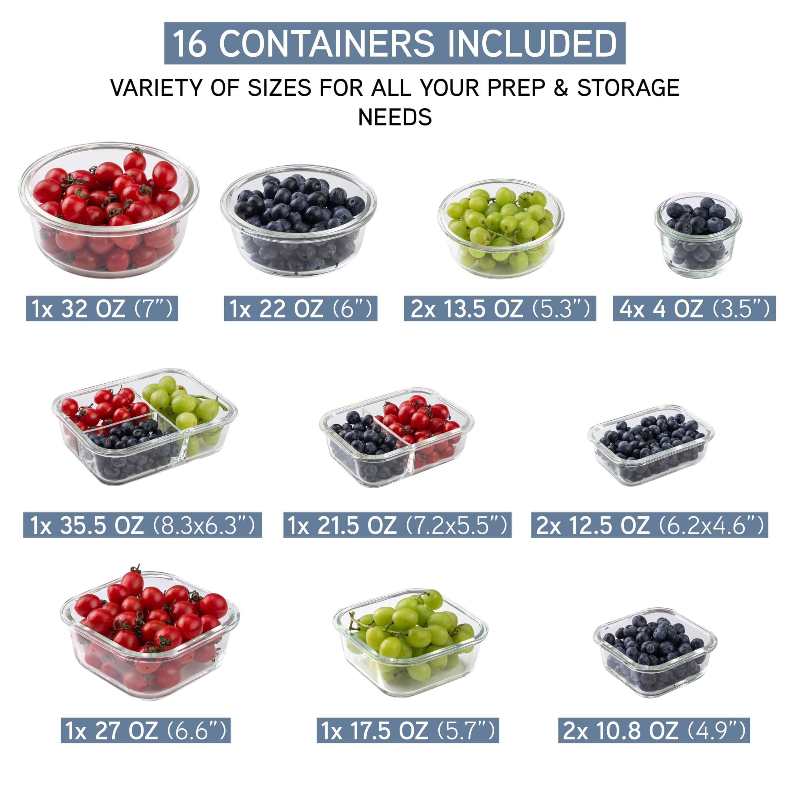 COOK WITH COLOR Premium 32-Pc. Borosilicate Glass Food Container Set with Dividers - 4 Rectangles, 8 Rounds, 4 Squares - Leakproof Lids - Meal Prep, Storage, Green