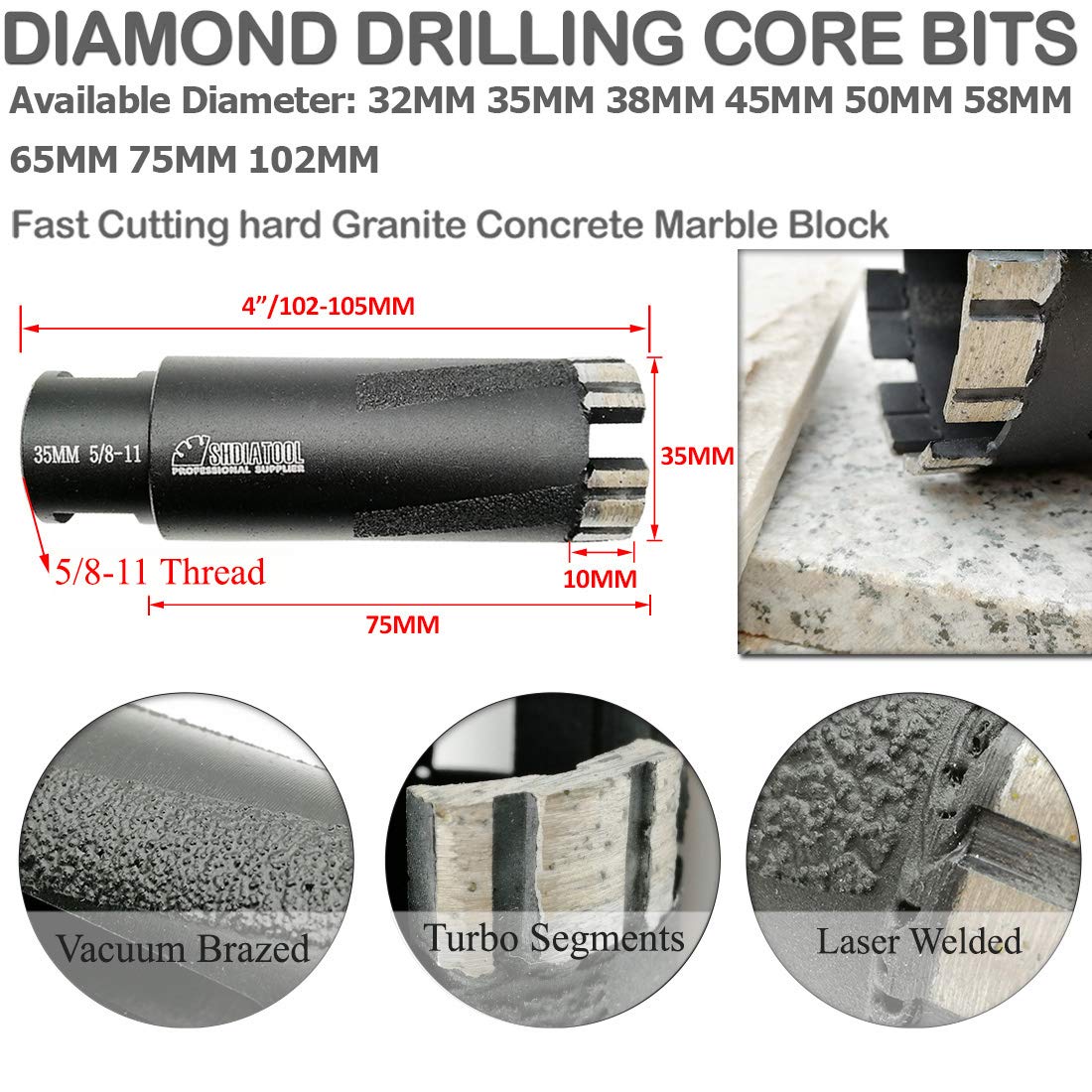 SHDIATOOL Diamond Drill Core Bits Set Diameter 20 25 35 45 65mm with 5/8-Inch-11 Thread for Hard Granite Marble (5 of Pack)