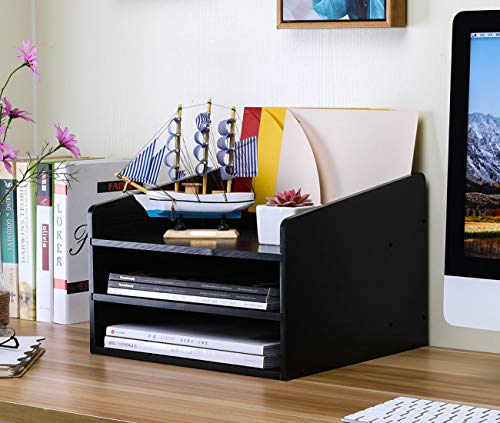 PAG Wood Desktop File Organizer Mail Sorter Magazine Rack Paper Holder Telephone Stand with Adjustable Drawer, Black
