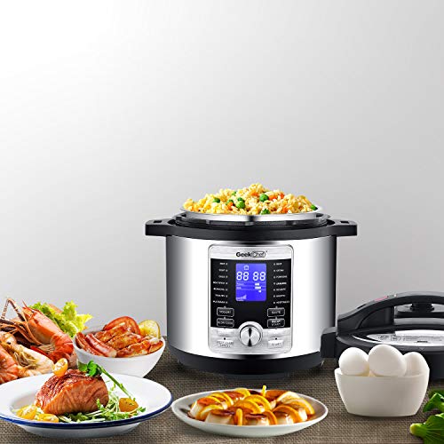 Geek Chef 6 Qt 17-in-1 Multi-Use Electric Pressure Cooker Stainless Steel Inner Pot Programmable LCD Display Digital Slow Cooker, Rice Cooker, Yogurt Maker, Egg Cooker, Sauté, Steamer, Warmer