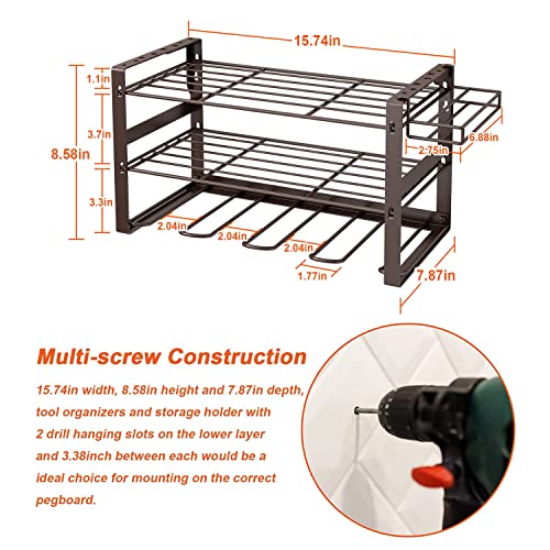 Power Tool Organizer, Heavy Duty Floating Tool Shelf, 3 Layers Metal Power Tool Holder Organization Garage Wall Mounted Utility Storage Rack for Cordless Drill Charging Station Screwdriver, Brown