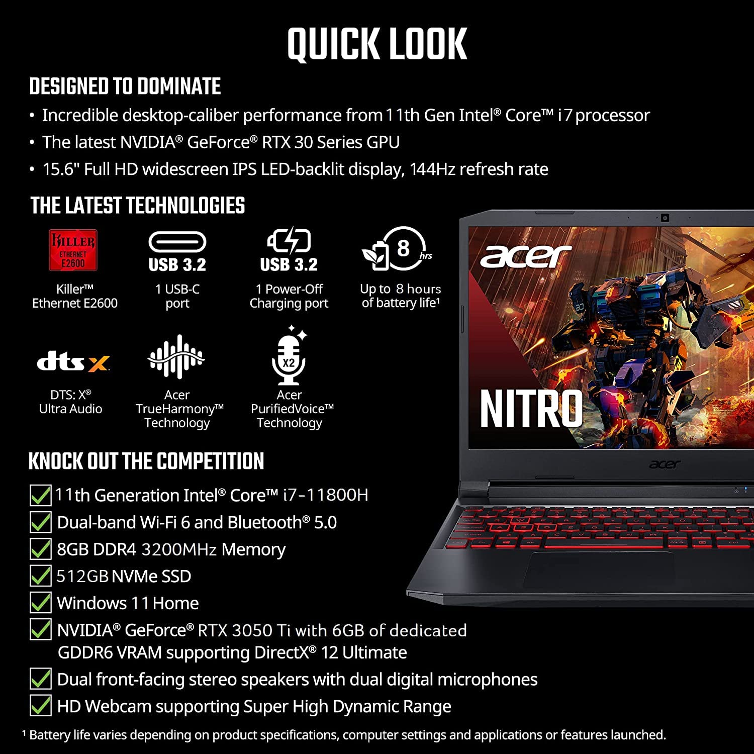 Acer Nitro 5 15.6'' 144Hz Gaming Laptop, 11th Intel 8-Core i7-11800H(Beat Ryzen 7 5800H), Nvidia GeForce RTX 3050 Ti 4GB GDDR6, Backlit KB, Windows 11 Home(32GB|2TB SSD), Black