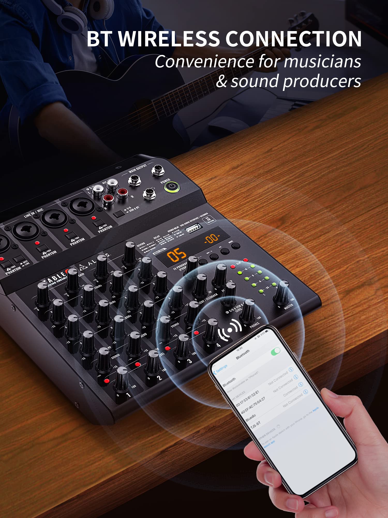 6 Channel Audio Mixer, ALABS DJ Mixer Sound Board for PC, Karoake Mixer Amplifier Mixer Audio, Podcast Mixer, XLR Interface Mixing Console,OP-AMP/Mic Preamps/Phantom/3-band EQ/16 DSP ,TABLE6