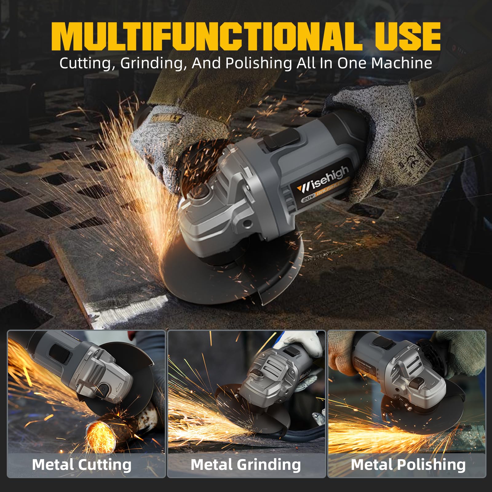 Angle Grinder Cordless for Dewalt 20V Max Battery, 4-1/2'' Brushless Grinder with Auxiliary Handle, 3 Variable Speed Up to 10000RPM, Angle Grinder Power Tools For DIY Cutting, Grinding (No Battery)