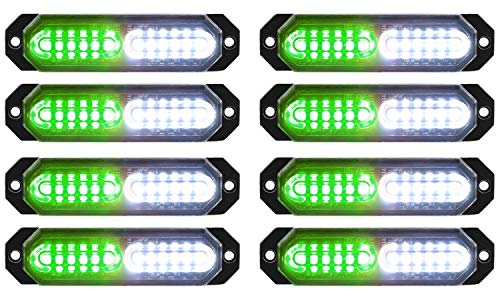 ASPL 8pcs Sync Feature Ultra Slim 12-LED Surface Mount Flashing Strobe Lights for Truck Car Vehicle LED Mini Grille Light Head Emergency Beacon Hazard Warning lights (Green/White)
