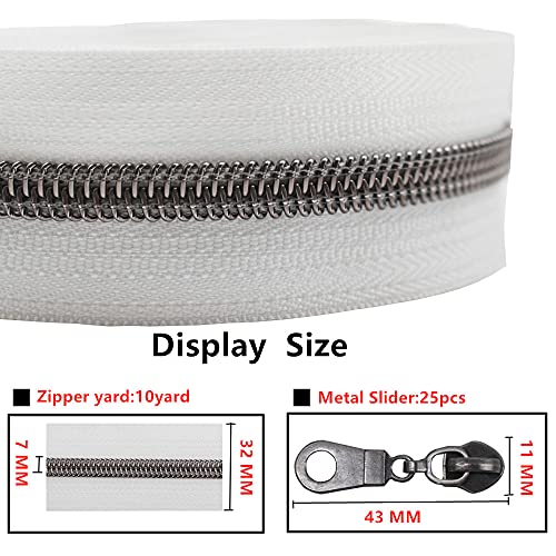 MebuZip #5 Gunmetal Metallic Nylon Coil Zippers by The Yard Bulk Coil Zipper Roll 10 Yards with 25pcs Pulls for DIY Sewing Craft Bags (White)
