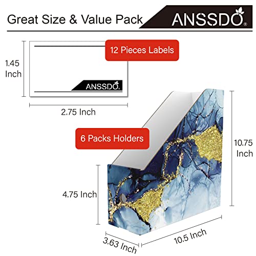 ANSSDO 6 Pack Cardboard Magazine Holder Premium Magazine File Holder Organizer, Magazine File Organizer, Large Volume Magazine Storage Box as Book Bins or Folder Holder for Desk -Blue Gold 6 Pack