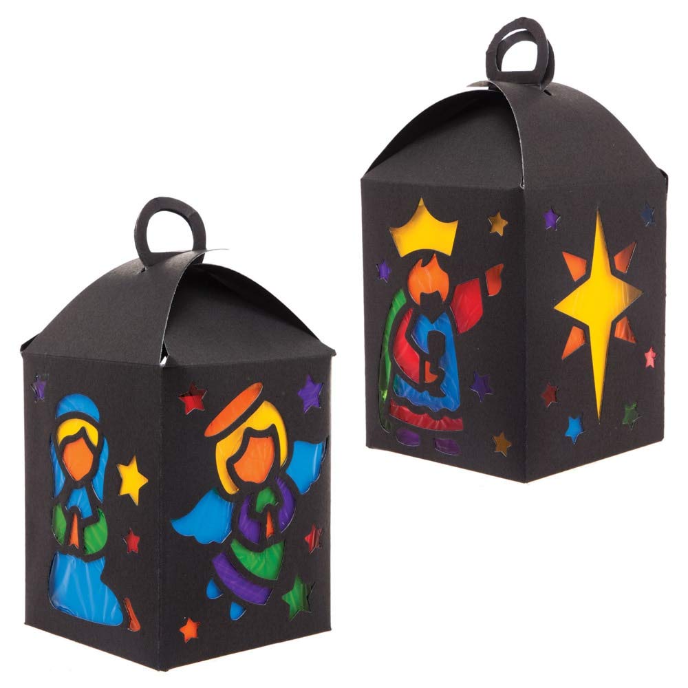 Baker Ross AT140 Nativity Stained Glass Lantern Kits - Pack of 4, Papercrafts for Kids to Decorate and Display During The Christmas Season, Assorted