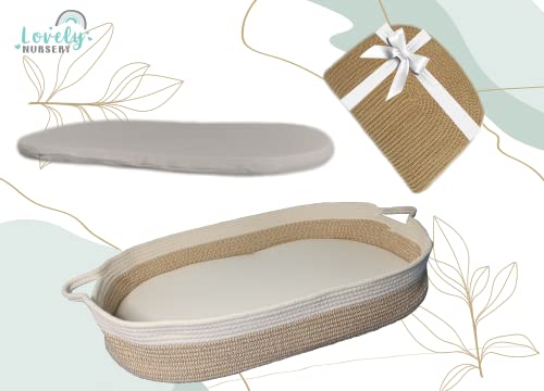 Lovely Nursery Baby Changing Basket Moses Basket 100% Cotton Rope and 1.2€ Thick Foam Pad with Removable Cover Change in Style and Comfort Beige/White Set