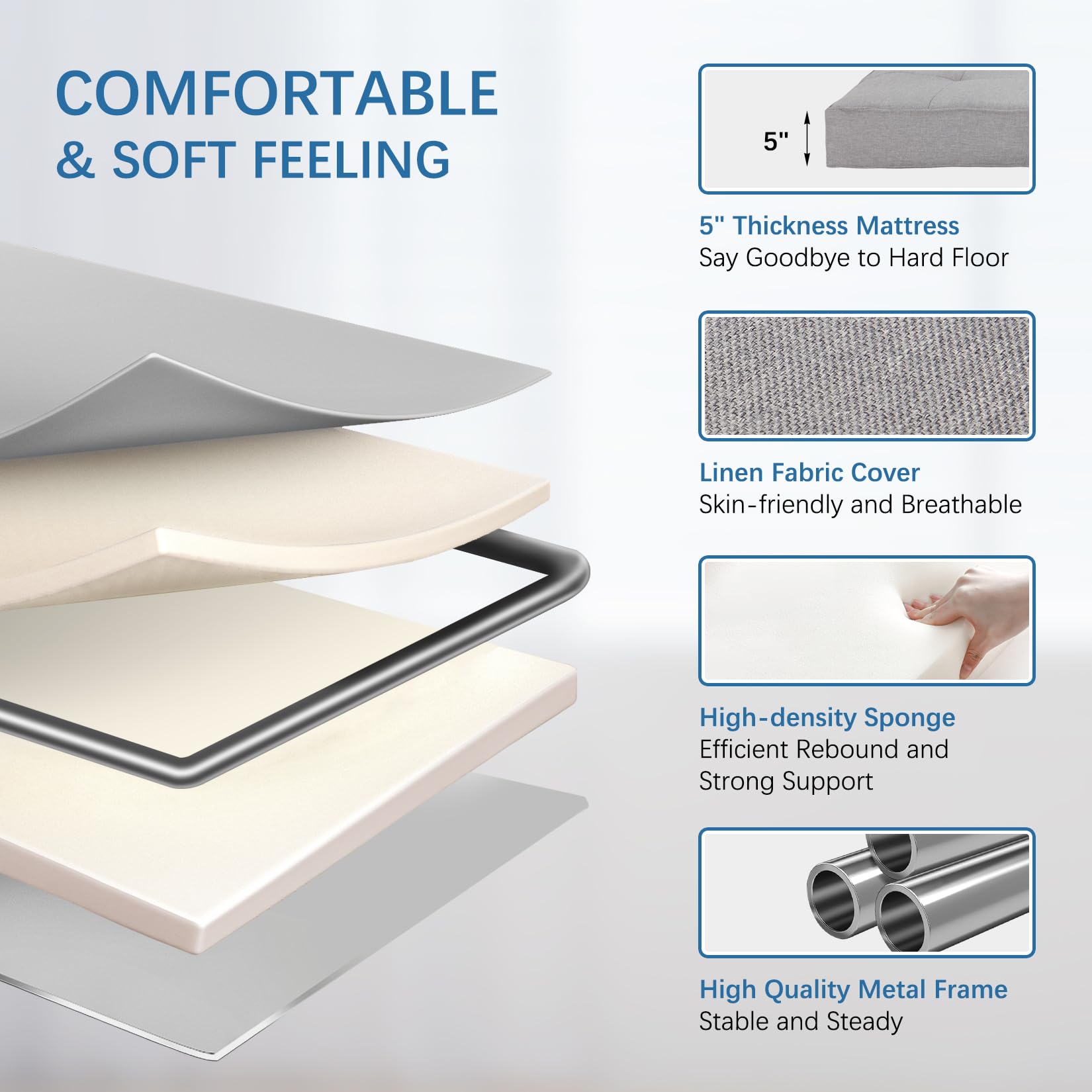 ACIPENSER Floor Sofa Couch, Convertible Floor Couch Bed with 5-Position Backrest, 4-in-1 Upholstered 6" Thickness Folding Sofa Bed Mattress for Living Room, Bedroom, Guest Reception, Dorm, Grey