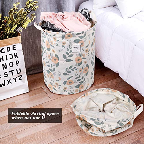 UUJOLY Collapsible Laundry Basket, Laundry Hamper with Handles Waterproof Round Cotton Linen Laundry Hamper Printing Household Organizer Basket, 19.7x15.7 inches, Green