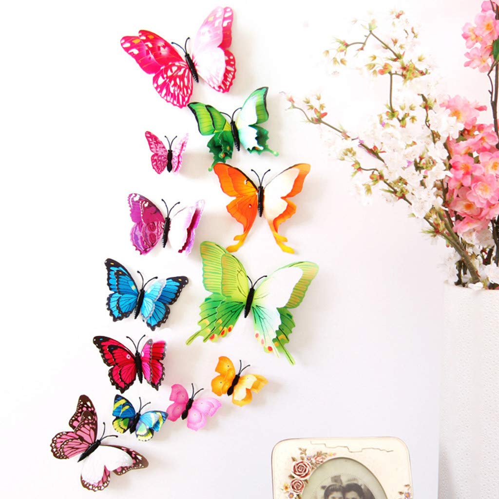Butterfly Magnet Sticker, 12pcs / Set PVC Double-Layer Mixed Color Simulation Butterfly Magnet Stereo Refrigerator Sticker (Multicolor)