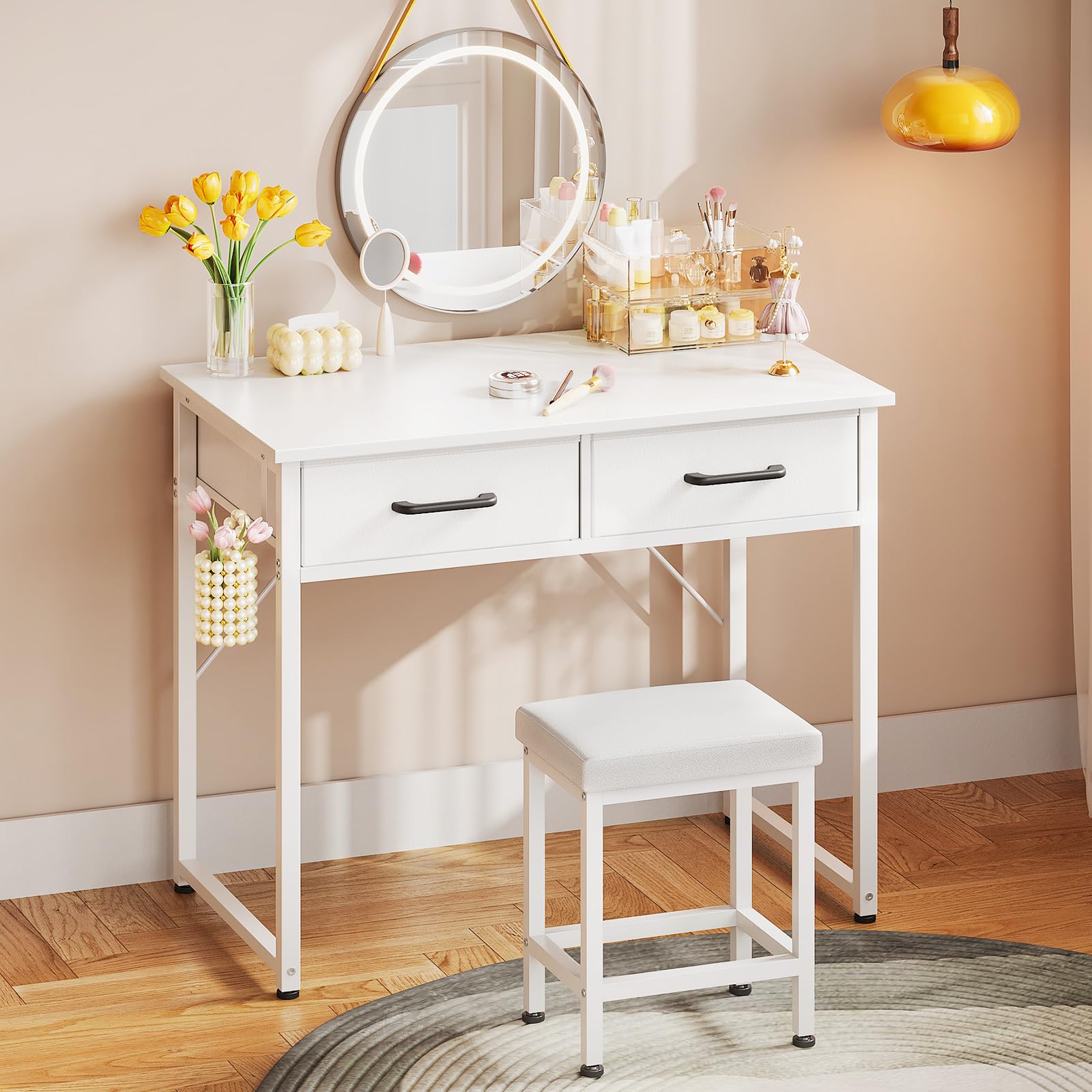AODK Vanity Desk with 2 Fabric Drawers, 32 Inch Makeup Vanity Without Mirror, Small White Vanity Desk for Bedroom, Makeup Vanity Table with Chair, Kids Girls Vanity Set, White